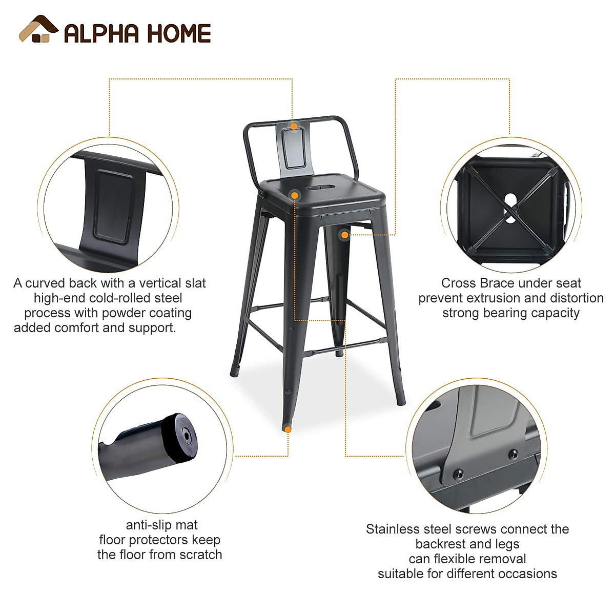 ALPHA HOME Metal Bar Stool Patio Stool 24 inches Counter Height Stools Set of 4 with Low Back Bar Chair for Indoor-Outdoor Kitchen Weight Capacity 350 lb, Matte Black