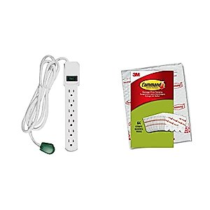 Go Green Power GG-16106MS Surge Protector, 6 FT, White, 6 FT & Command Poster Strips, Damage Free Hanging Poster Hangers, 64 White Command Adhesive Strips
