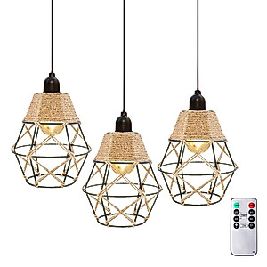 3er Pack Battery Operated Pendant Light Indoor Chandelier Hanging Lamp with Remote Control Timer LED Bulbs Boho Rattan Shade Outdoor Lantern for Gazebo Porch Patio Backyard Powered by 4*AA Batteries