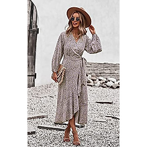 PRETTYGARDEN Women's Long Sleeve Vintage Flowy Dress Floral Print V-Neck Maxi Dresses with Belt (Khaki,Small)