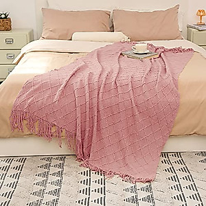 Catalonia Pink Knitted Throw Blanket for Couch, Decorative Blanket with Fringe, Acrylic Leisure Blanket for Bed, Sofa, Living Room | All Seasons, Lightweight, Cozy, Solid Color | 50×60 inches