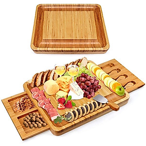 Bamboo Cheese Board with Cheese Tools, Cheese Plate Charcuterie Board Platter Set Serving Tray for Wine Cracker Brie and Meat, Large Thick Wooden Server, Fancy House Warming Gift for Gourmets