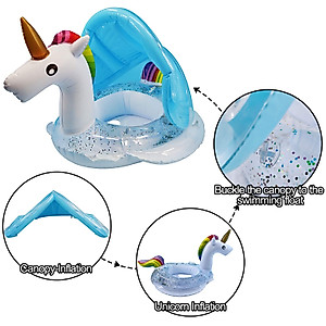 Unicorn Baby Swimming Pool Float with Canopy, Glitters, Seat & Safety Handle, 2024 Summer Baby Floats for Pool, Inflatable Baby floaties for 8-36 Months Toddler Boy Girl Summer Outdoor Party Favor