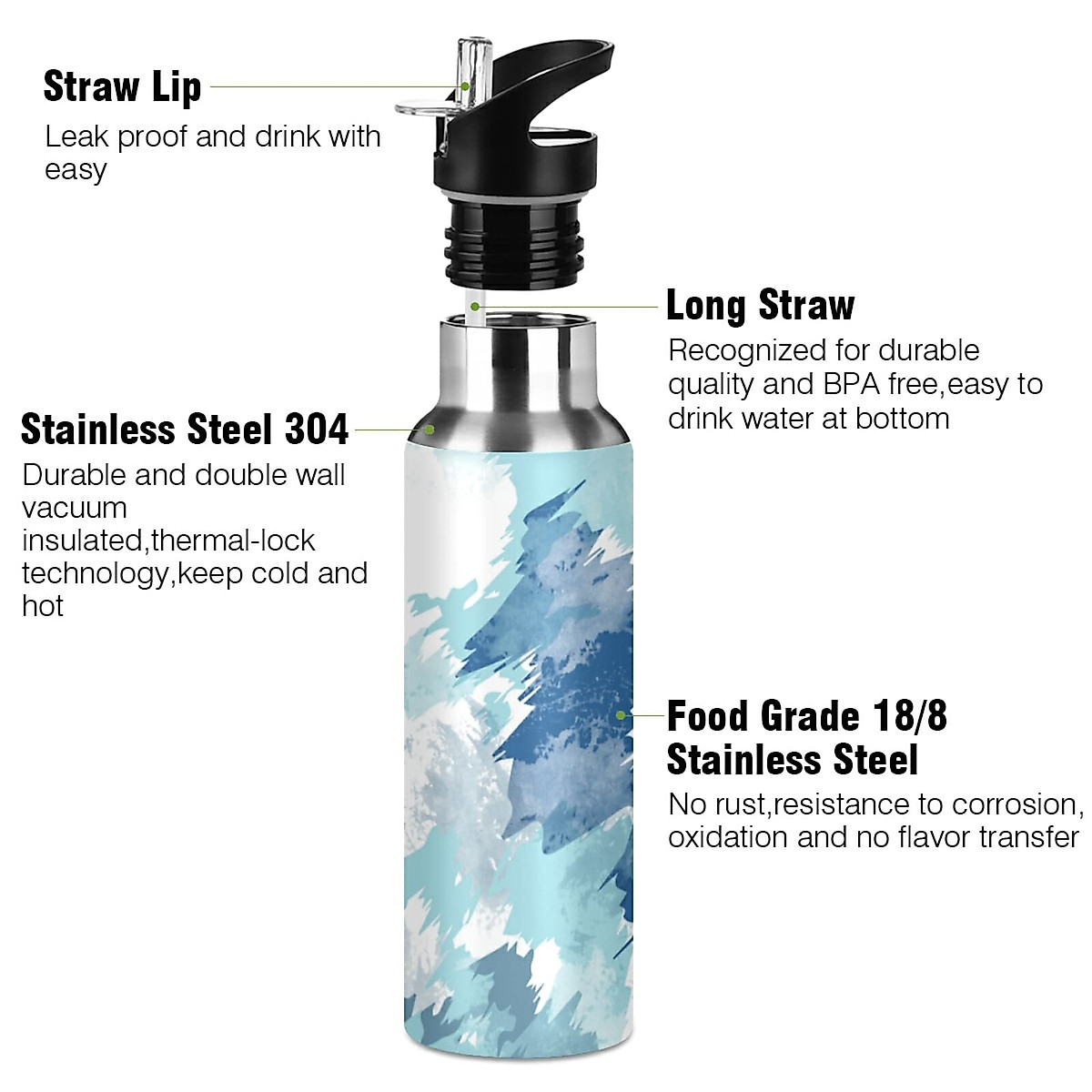 Insulated Sports Water Bottles Fashion Marble Passionate Indigo Graffiti Vacuum Stainless Steel Thermos Mug with Straw Lid & Handle 20 oz