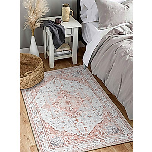 Lahome Boho Pink Rugs for Bedroom Girls, 3x5 Non Slip Carpet for Living Room, Washable Vintage Medallion Accent Throw Rugs with Rubber Backing Carpet for Entryway Kitchen Office Dining Room