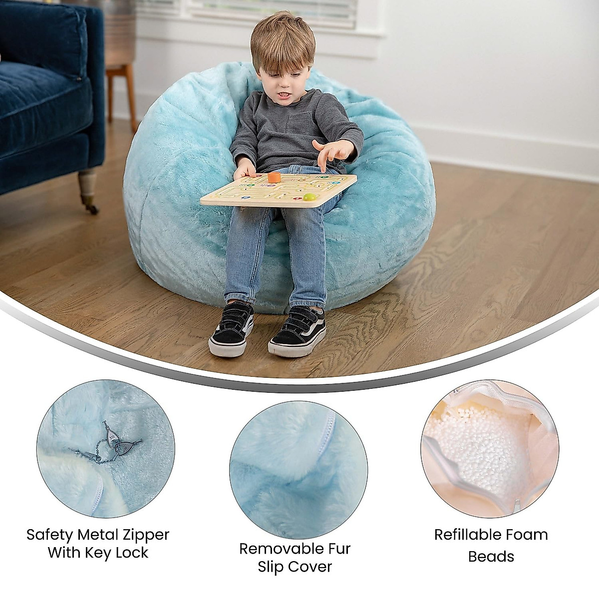 Flash Furniture Dillon Small Teal Furry Bean Bag Chair for Kids and Teens
