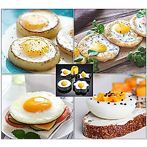 Egg Ring Upgraded Set of 4 with Oil Brush,Foldable silicone handle.Stainless Steel Egg Ring,Non Stick Round Omelette Model for Fried Egg McMuffin Sandwiches.(4 different shapes）