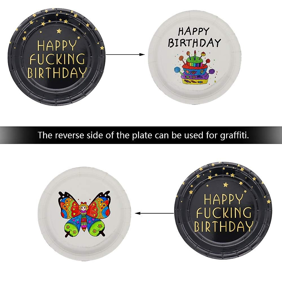 Pandecor Black and Gold Happy FING Birthday party supplies,50PCS Disposable Paper Plates 7 Inch Cake Plates for Adult Funny Birthday Party