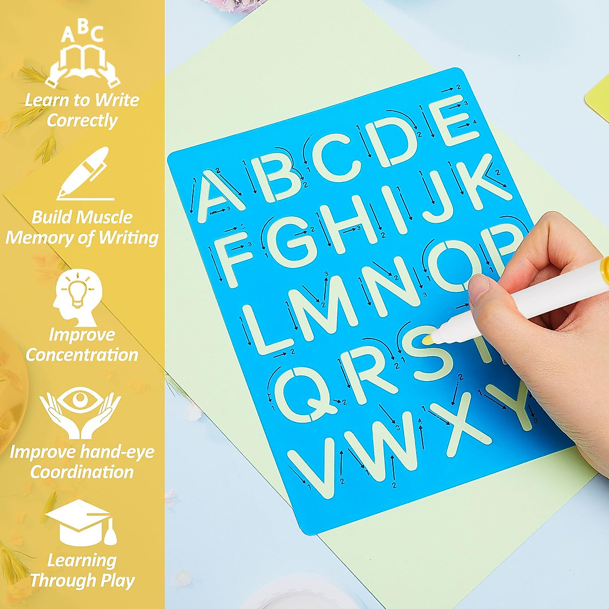 Gersoniel 10 Pieces Preschool Letters and Numbers Alphabet Stencils Colorful Double Sided Tracing Board PET Paint Boards for Painting with Craft Markers Marker Paint Pens Preschool Learning Toys