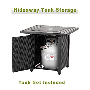 COSIEST Outdoor Metal Fire Table, 28-inch Square Black Brown Fire Pit Outdoor Companion, 40,000 BTU Auto-Ignition w Imitation Wicker Base w Glass Wind Guard, Free Brown Lava Rocks