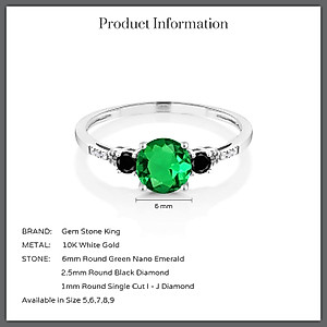 Gem Stone King 10K White Gold Green Nano Emerald Black Diamond and White Diamond Accent 3-Stone Engagement Ring For Women (0.95 Cttw, Round 6MM, Gemstone May Birthstone, Size 6)