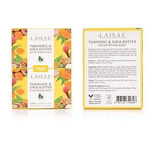LAISAE Turmeric Brightening Soap Bar for Face Moisturizer with Shea Butter, Licorice Root Extract - Uneven Skin Tone Body Cleansing Bar for Black Women, Sensitive Skin, Vegan Soap, 3.52 oz (2 Bars)