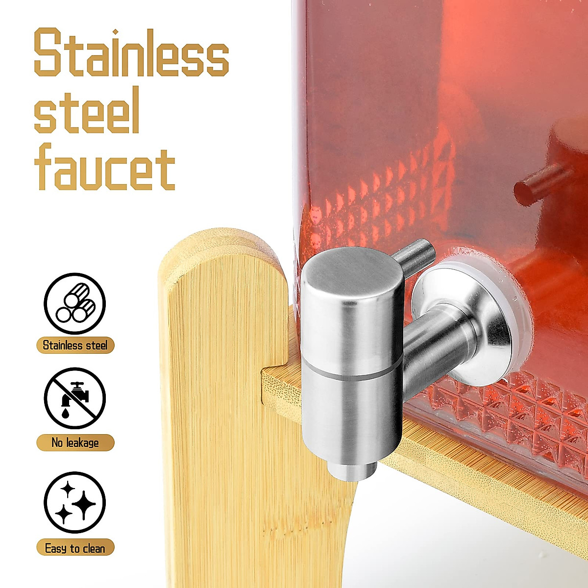 1.5 Gallon Glass Beverage Dispenser With Stand(Natual Bamboo). Water Drink Dispensers for Parties With Stainless Steel Spigot 100% Leakproof.Perfect For Parties And Daily Use.