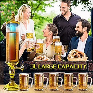 Drink Tower Dispenser with Ice Tube and LED Light - 3.2 Qt./3 L, Margarita Mimosa Tower Drink Dispenser with Tap, Freeze Tube Keep Beverages Cold, Perfect for Party Bar Gameday(Gold)