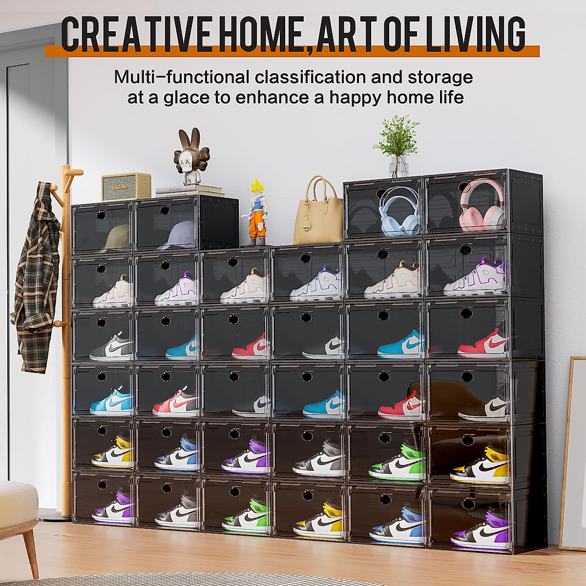 KEFA XL Shoe Storage Box Organizer, 8 Pack Shoe Boxes Clear Plastic Stackable, Sneaker Display Case Container Fit for US 13 (Side 8 PACK BLACK)