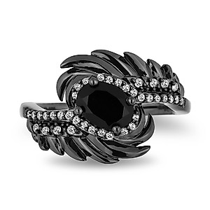 Jewelili Enchanted Disney Fine Jewelry Sterling Silver with Black Rhodium 1/6 Cttw Diamonds and Onyx Maleficent Wings Ring size 9