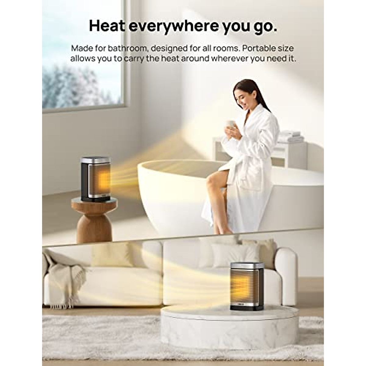 Dreo Space Heater for Bathroom and Indoor, Portable Heater, 1500W Safe and Quiet PTC Ceramic Heater, 40-95°F Digital Thermostat, 70°Oscillating, Remote, ALCI Safety Plug, 12h Timer, 5 Modes