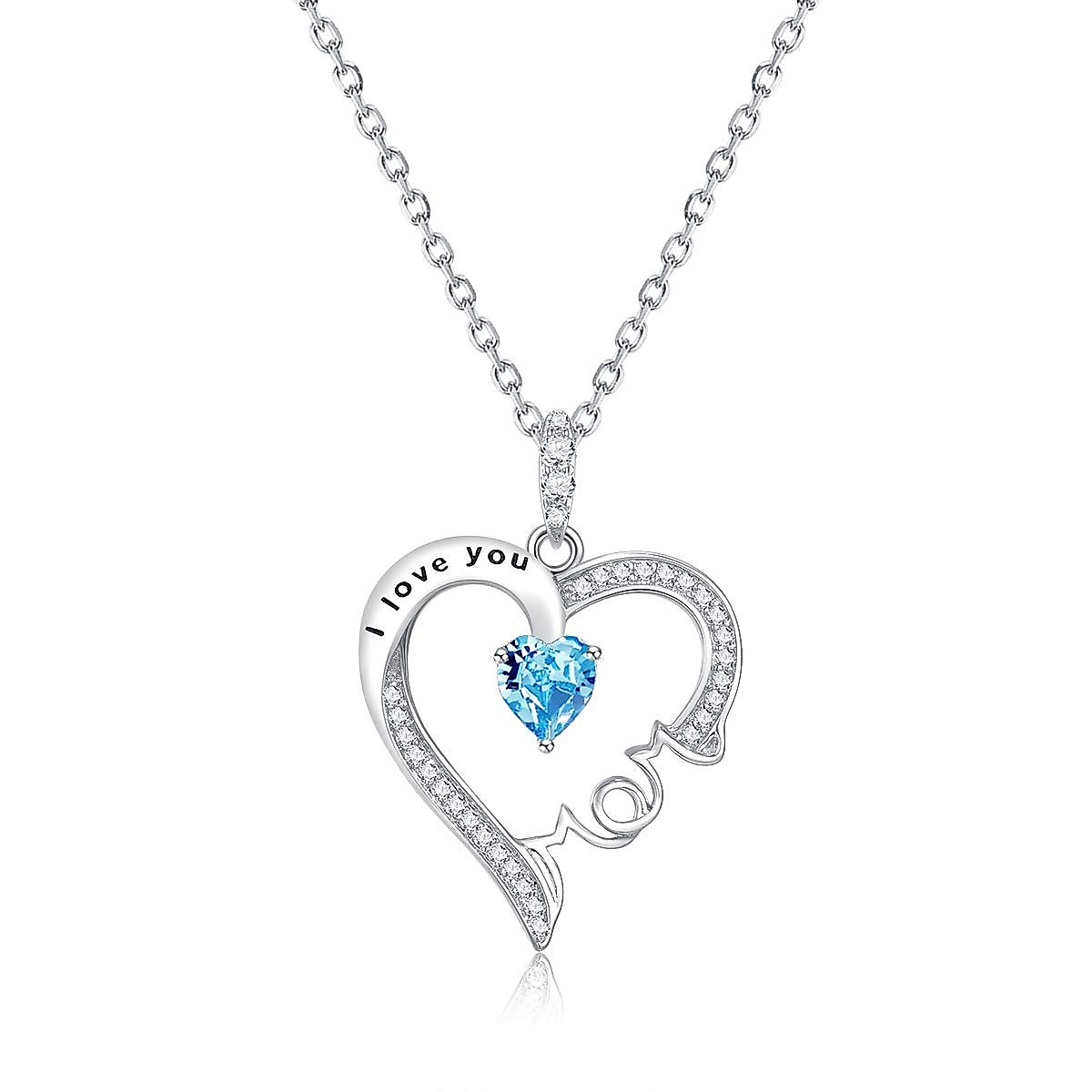 March Birthstone Jewelry for Her Birthday Gifts Aquamarine Necklace I Love You Mom Love Heart Pendant Necklace for Mother in Law Sterling Silver