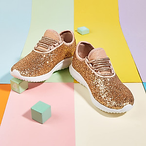 K KIP WOK Toddler Girls Glitter Sneakers Sparkle Slip On Walking Shoes for Kids/Children Breathable Running Sneakers(Rose Gold2,Big Kids 4)