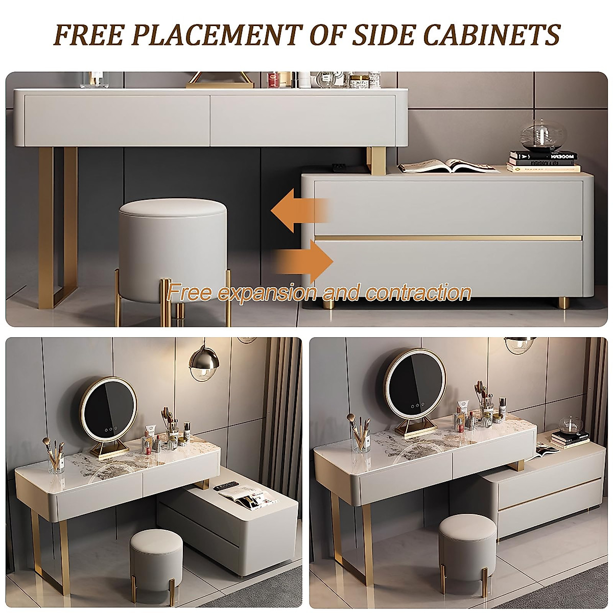 Onaninso Makeup Vanity Table with Lighted Mirror, Vanity Desk with Slate Tabletop and Solid Wood Frame, 4 Drawers, Stool, Side Cabinet, Vanity Set for Bedroom (47.2in)