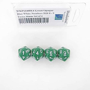 Green Opaque Dice with White Numbers D20 0 - 9 Twice 16mm (5/8in) Set of 4 Wondertrail