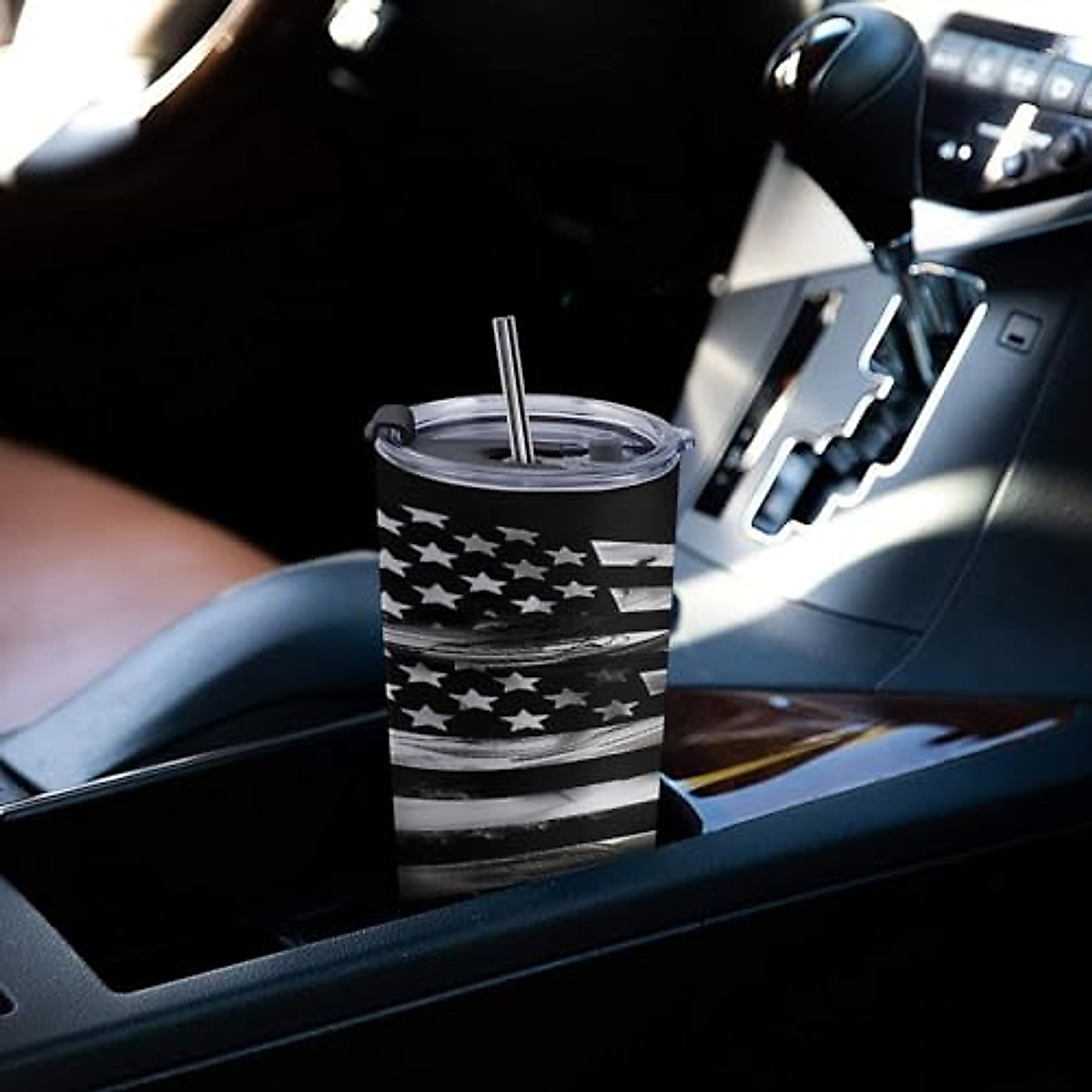 zxxpensy 20 Oz Tumbler Travel Cup American Flag Black & White Water Bottle, Stainless Steel Vacuum Insulated Coffee Mug with Straw Lid And Cleaning Brush