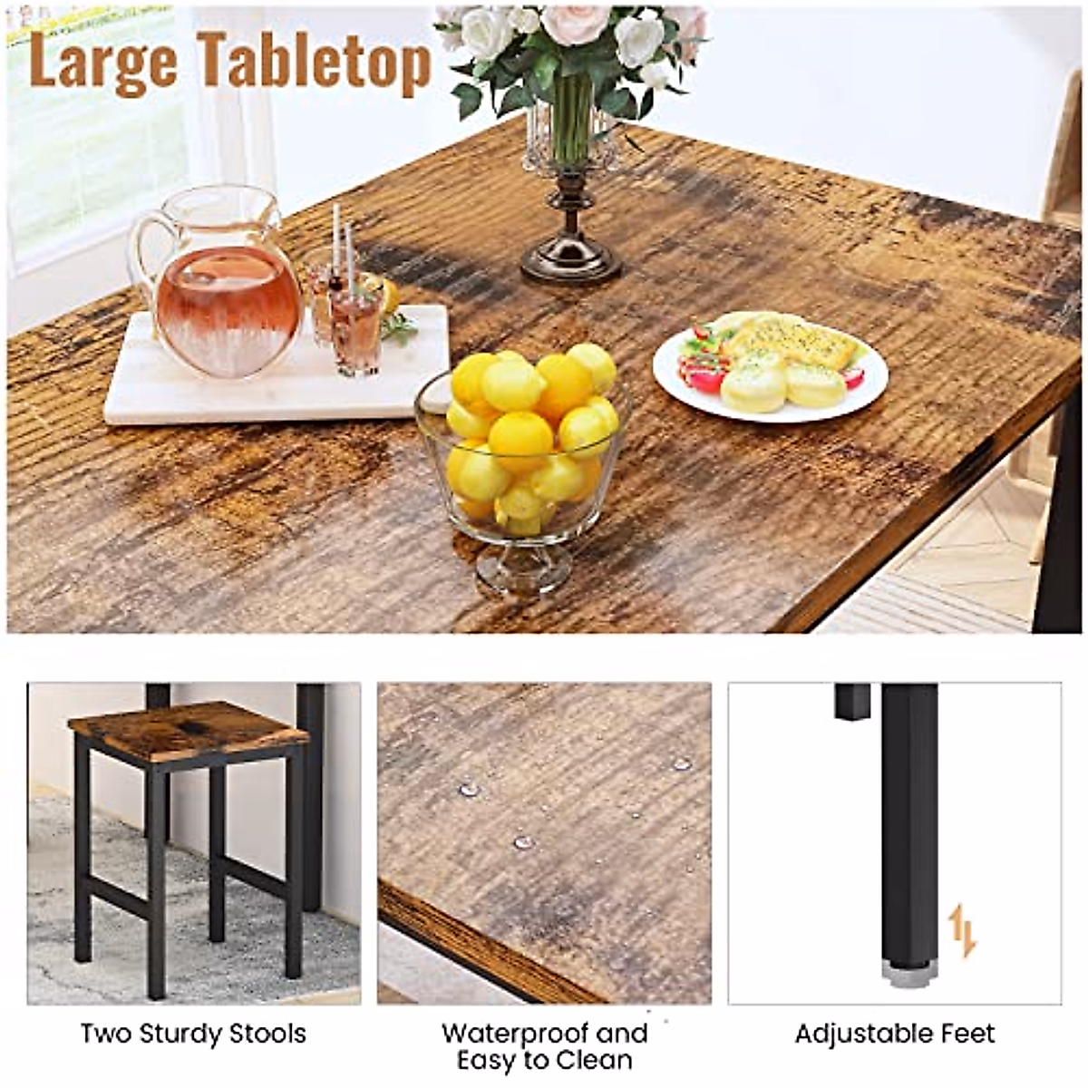 Recaceik 3 Piece Chairs for 2, Modern Wood Room, Small Dining Breakfast Table Set with 2 Stools & Metal Frame for Kitchen, 35 Inch, Brown