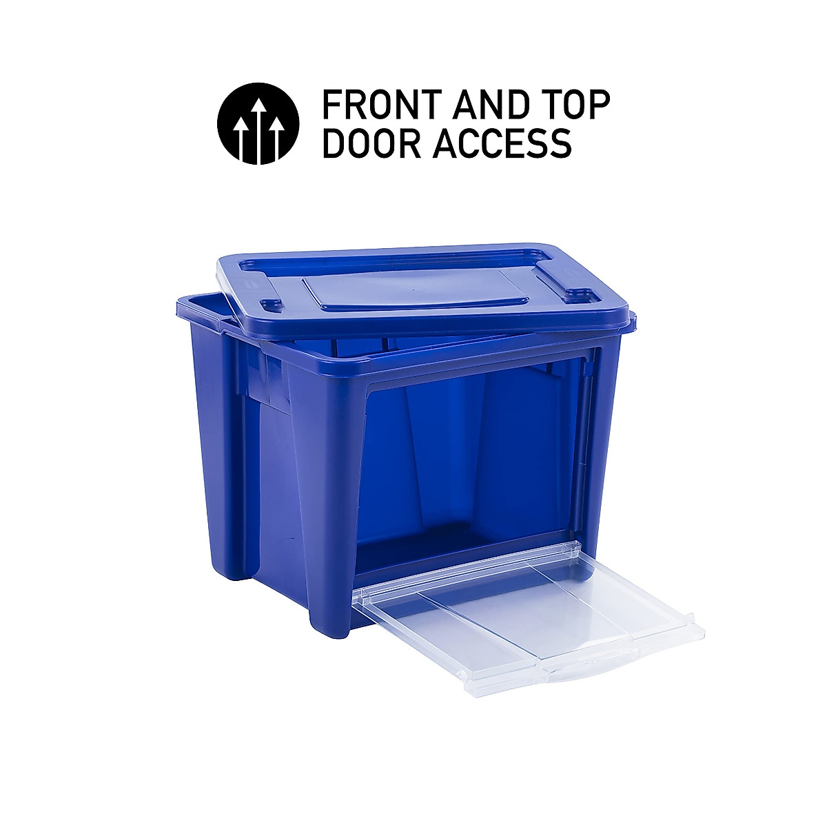 Rubbermaid Medium All-Access Tote with Lids, Pack of 2, Stackable Storage Bins with Clear Drop-Down Door and Carry Handles, Closet Organization Containers, Blazer Blue With Clear Door