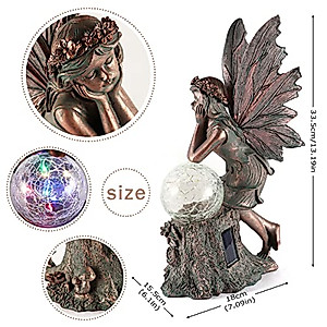 MIBUNG 13.2 Inch Large Fairy Angel Garden Statue Sculpture with Glass Ball Solar Lights, Bronze Fairy Elf Girl Outdoor Figurine Patio Yard Lawn Outside Decor, Housewarming Birthday Ornament Gift