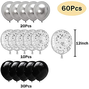 Black and Silver Confetti Balloons-60 pcs 12 Inch Black and Silver Metallic Chrome Latex Balloons for Birthday Graduation Ceremony Bachelor Engagement Wedding Baby Shower Party Decorations