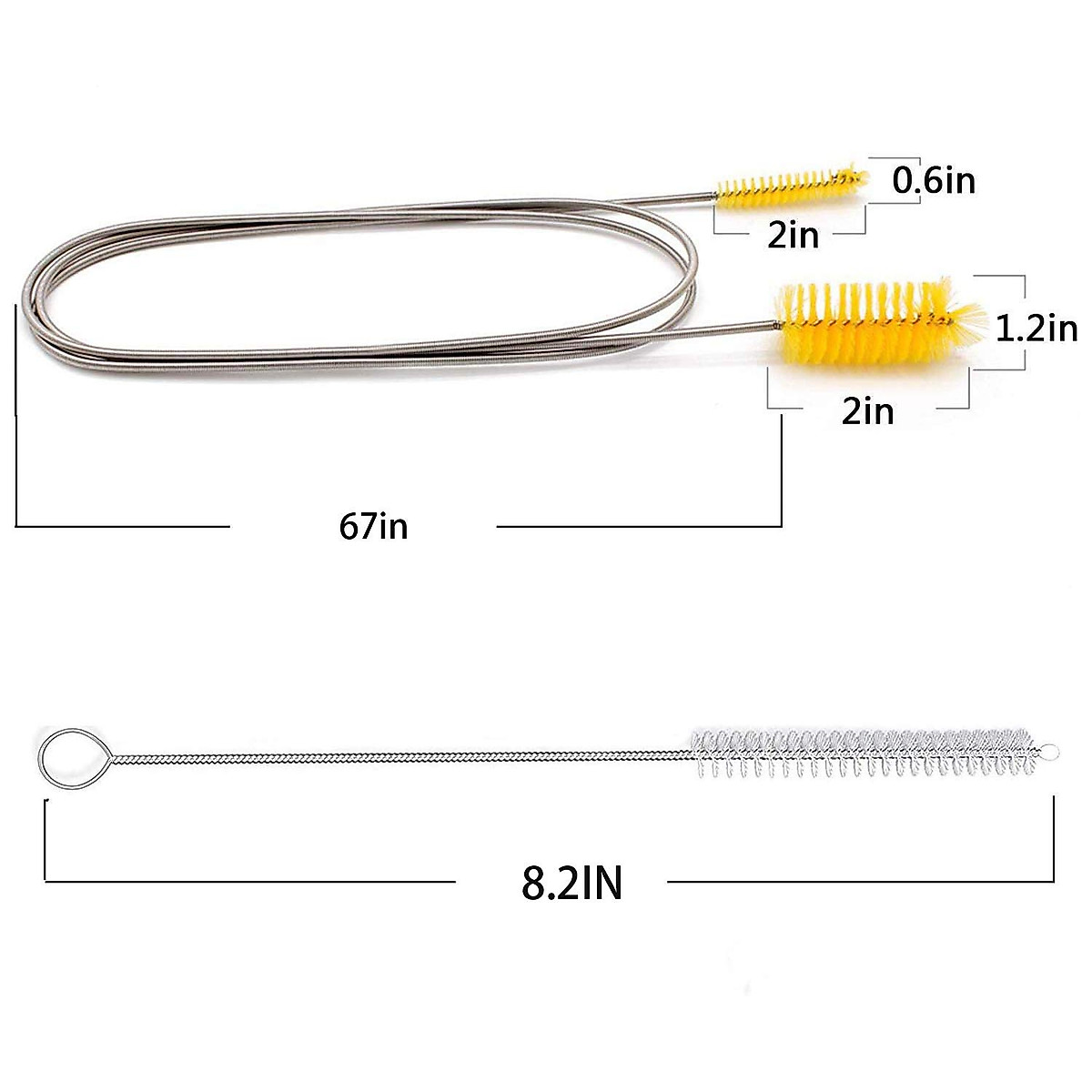 Flexible Drain Brush，Nylon Cleaner Double Ended Elastic Hose Pipe 67-inch and 2 PCS 8.2-inch Straw Cleaning Brush (Yellow)