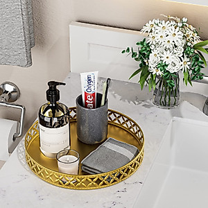 EKNITEY Bathroom Counter Vanity Tray - Perfume Makeup for Dresser Tops Gold Round Serving Candle Decorative Storage Home Decor 11'' Floral-gold