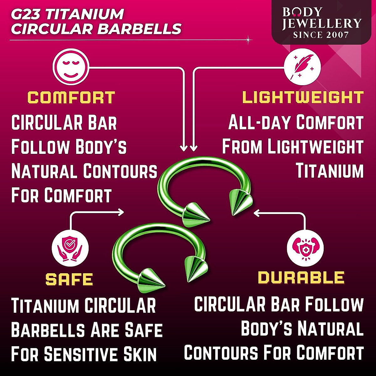 bodyjewellery 2pcs 16g Circular Barbells Green Titanium Ear Snake Septum Lip Nose Cartilage Helix Tragus Eyebrow Bite Ring B2NCR