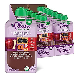 Plum Organics Baby Food Pouch | Mighty 4 Blends | Apple, Blackberry, Purple Carrot, Greek Yogurt & Oat | 4 Ounce | 12 Pack | Organic Food Squeeze for Babies, Kids, Toddlers