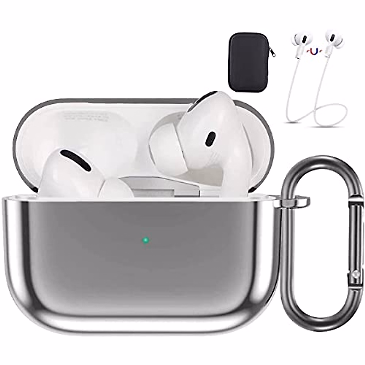Aiiko AirPods Pro Case Cover, Soft TPU Plated Full Protective Shockproof Cover with Keychain/Anti-Lost Straps and EVA Box Set for AirPods Pro Case 2019 (Front LED Visible)-Silver