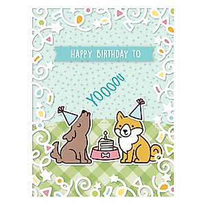 Lawn Fawn Yappy Birthday 4"x6" Clear Stamp Set, Coordinating Die Set, Carnora Storage Pocket, Bundle of 3 Items