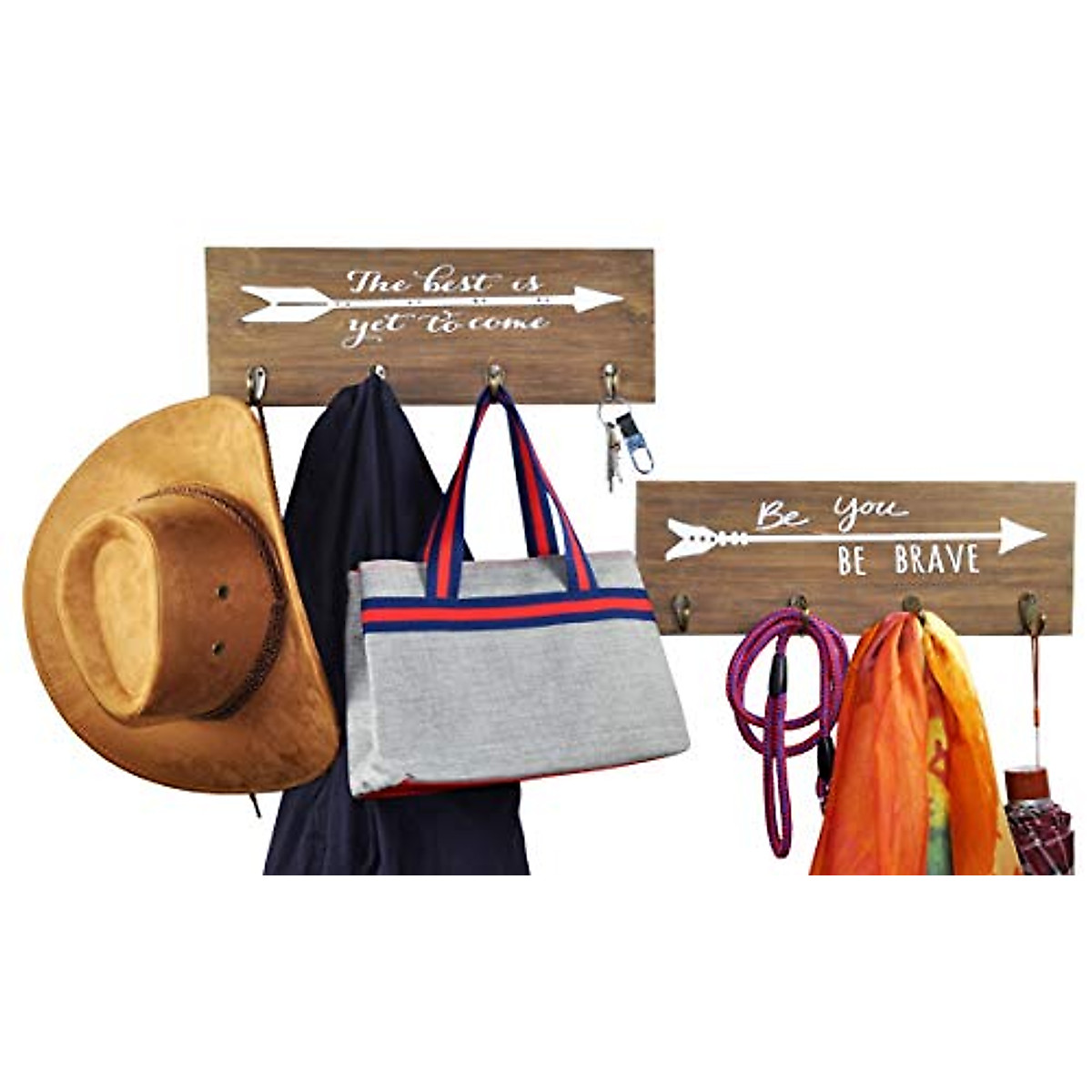 Spiretro Wall Key Hanger, Metal Hook Rack Organize Coat Hat Bag, Leash Holder, Set of 2 for Kids Entryway Hallway, Funny Arrow Sign & Inspirational Words, Rustic Wood_Teak