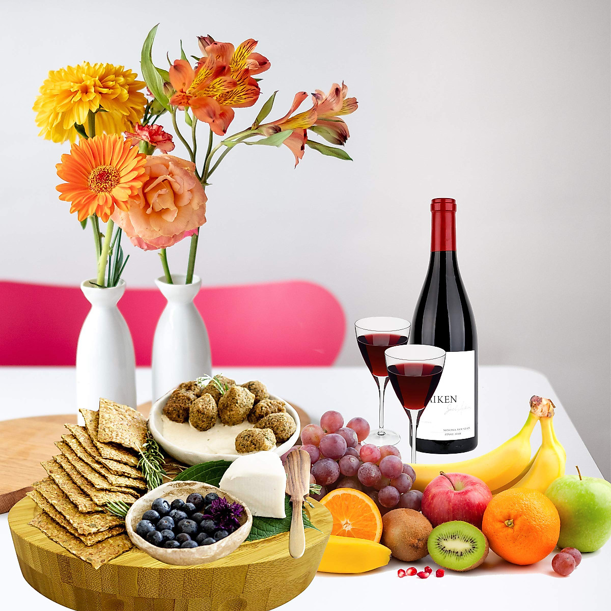 Cheese Board with Cheese Tools Round Cutlery Set Bamboo Charcuterie Board Set With 4 Knives Comes with Slide Out Drawer Platter Serving Tray Durable Best Gift for Wedding Birthday Housewarming (20)