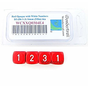 Wondertrail Red Opaque Dice with White Numbers D3 (D6 1-3 Twice) 16mm (5/8in) Pack of 4