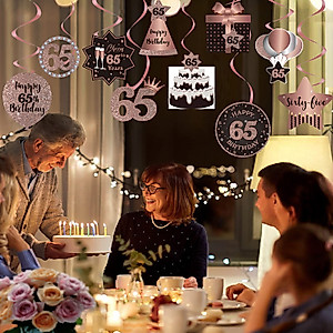 Happy 65th Birthday Party Hanging Swirls Streams Ceiling Decorations, Celebration 65 Foil Hanging Swirls with Cutouts for 65 Years Old Rose Gold Birthday Party Decorations Supplies