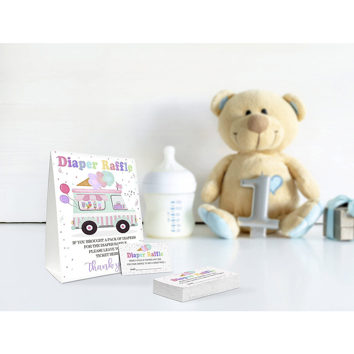 Diaper Raffle Baby Shower Game, 1 Standing Sign and 50 Tickets, Ice Cream Truck Theme Gender Neutral For Boys or Girls, Bring A Pack of Diapers for Mom-To-Be, (036)