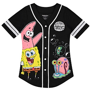 SpongeBob SquarePants Ladies Baseball Jersey - Spongebob, Mr Krabs, Squidward, Patrick Star - Mesh Button Down Baseball Jersey (Black White, Small)