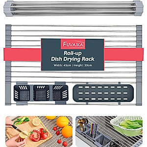 Expandable roll-up dish dryer rack, up to 22.8 inches, with 2 storage baskets, in sink kitchen roll-up dish drainer dish dryer rack in sink, foldable, rollable, for kitchen utensils, cups,forks