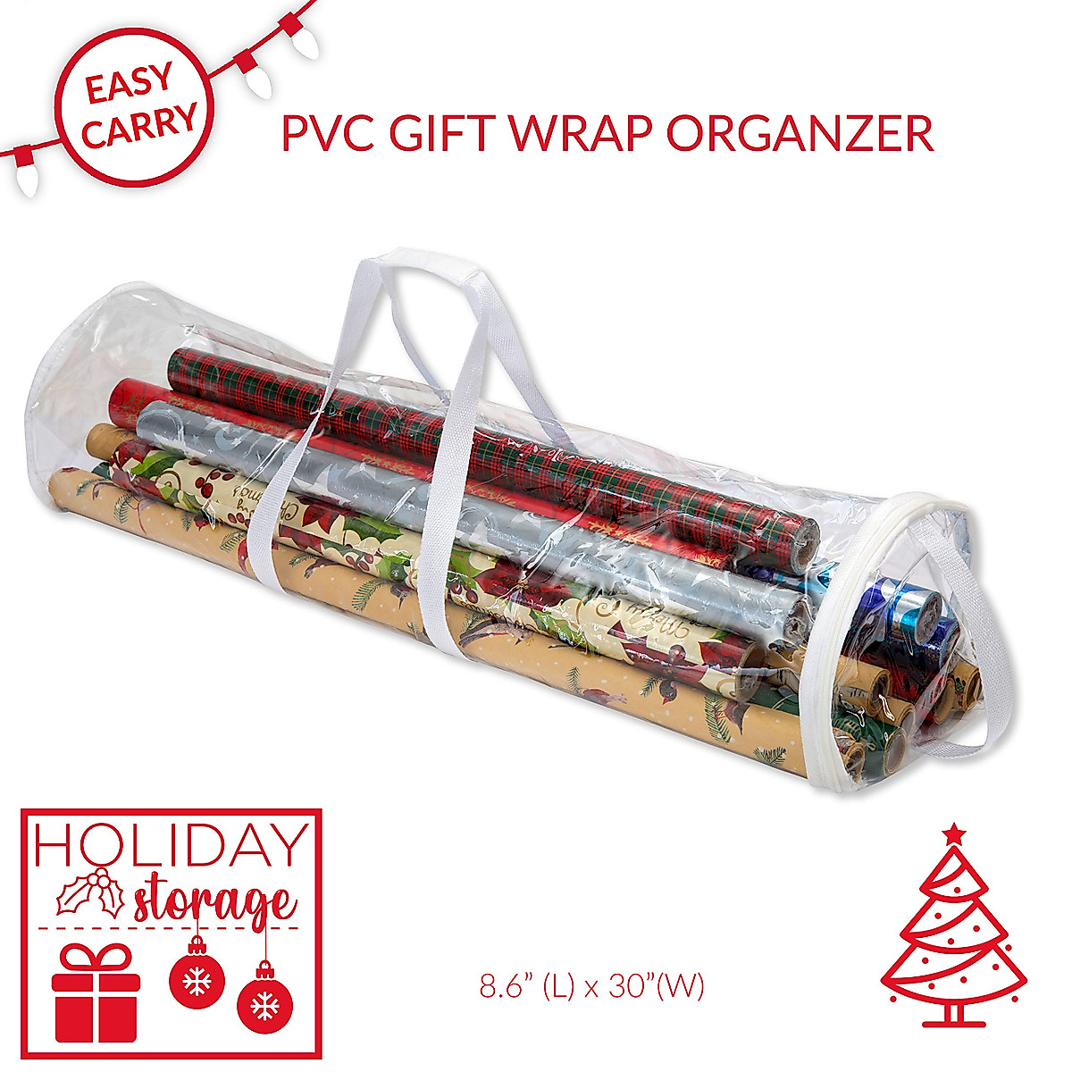 Simplify Clear Gift Wrap Storage Bag | Holds 30" Long Wrapping Paper Rolls | Clear | Zipper Closure | Easy Storage | Holiday Storage | Easy Carry Hangers