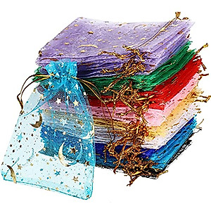150 Pieces Moon Stars Drawstring Organza Jewelry Gift Bags Gold Favor Pouches for Christmas Wedding Party 3.9 x 4.7 Inch (Assorted Colors)