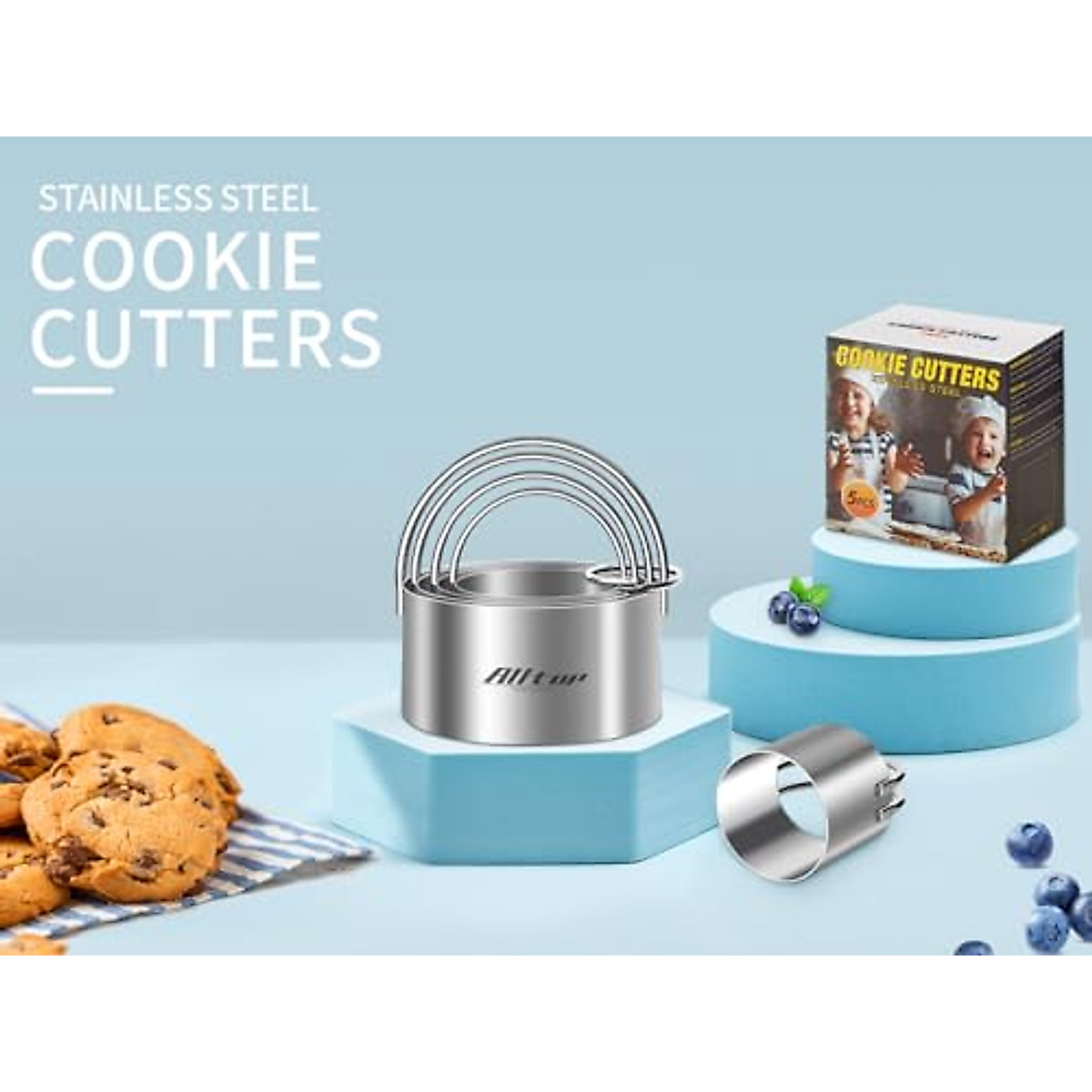 ALLTOP 5 Pieces Circle Biscuit Cutter,Professional Stainless Steel Round Cookie Cutters Tool with Ring Handle for Baking Pastry Doughnut