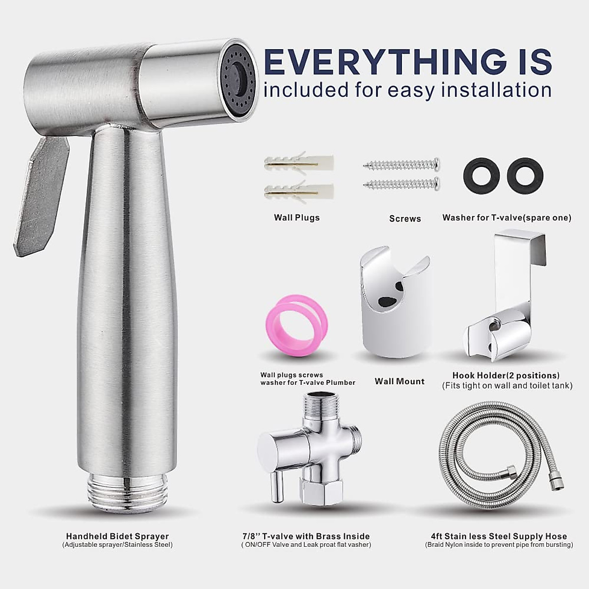Handheld Bidet Sprayer for Toilet, FES Stainless Steel Brushed Nickel Adjustable Pressure Control Bidet Faucet Diaper Sprayer Set with Hose Attachment Easy Install for Bathroom