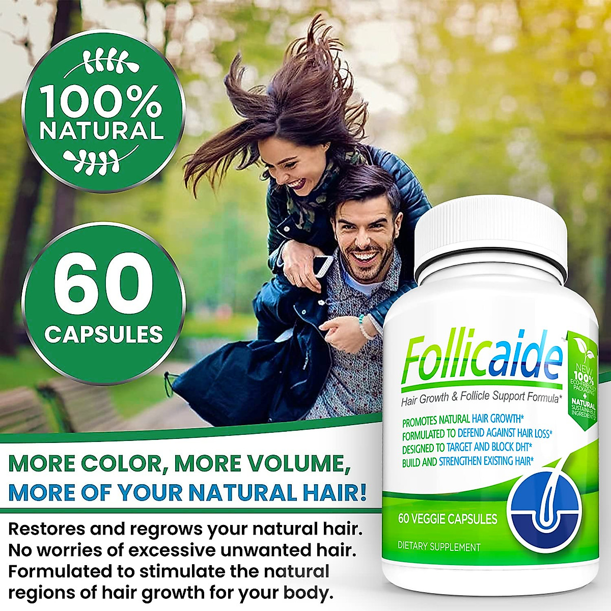 Follicaide Men and Women Hair Growth Vitamin Hair Supplement with Natural Ingredients for Stopping Hair Loss, Thinning, Shedding and Balding | High Potency | Effective All Hair Types, 60 Ct (ECO PACK)