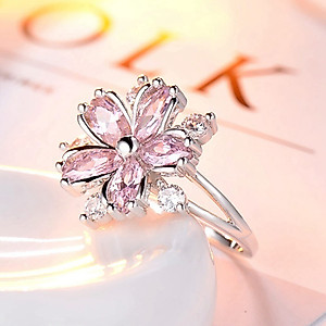 Guoshang Women Pink Crystal Flower Rings Silver CZ Crystal Rings Large Flowers Floral Rings,Pink,#8