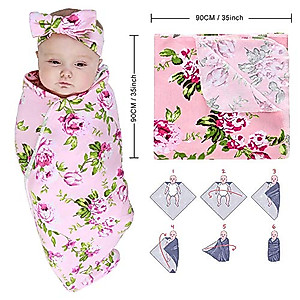 4 Pack Maternity Robe and Matching Baby Swaddle Blanket with Hat Headband Set, Stretchy Knitted Delivery Robe with Pockets and Swaddling Wrap for Mummy and Baby (Pink Flower)